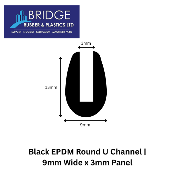 Black EPDM Round U Channel | 9mm Wide x 3mm Panel – Bridge Rubber ...
