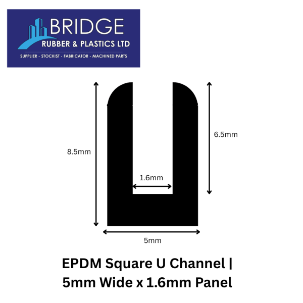 Black EPDM Square U Channel | 5mm Wide x 1.6mm Panel – Bridge Rubber ...